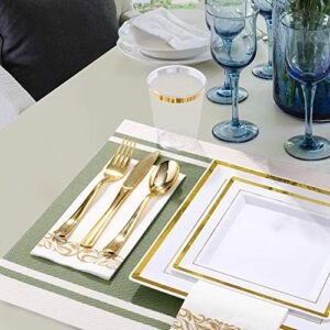 FOCUSLINE 350 Piece Square Dinnerware Set-50 Gold Rim Dinner Plastic Plates-50Gold Rim Dessert Plates-50 Gold Plastic Cups-50 Linen Like Gold Paper Napkins, 50 Guest Disposable Gold Dinnerware Set