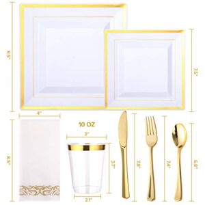 FOCUSLINE 350 Piece Square Dinnerware Set-50 Gold Rim Dinner Plastic Plates-50Gold Rim Dessert Plates-50 Gold Plastic Cups-50 Linen Like Gold Paper Napkins, 50 Guest Disposable Gold Dinnerware Set