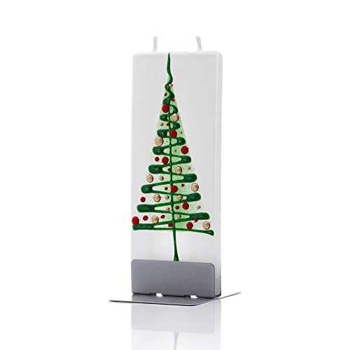 FLATYZ Handmade Christmas Candle - Green Tree | Unscented, Drip-Resistant & Smoke-Free 2 Wick Candle for Home & Room Decor | Hand Painted, Flat Decorative Candles | Steel Stand Included