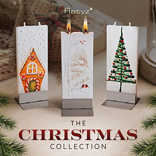 FLATYZ Handmade Christmas Candle - Green Tree | Unscented, Drip-Resistant & Smoke-Free 2 Wick Candle for Home & Room Decor | Hand Painted, Flat Decorative Candles | Steel Stand Included