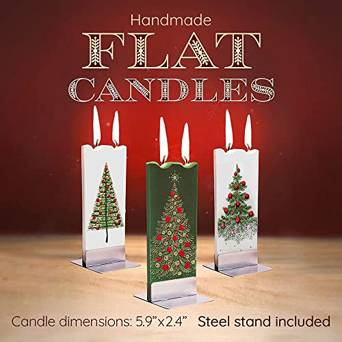 FLATYZ Handmade Christmas Candle - Green Tree | Unscented, Drip-Resistant & Smoke-Free 2 Wick Candle for Home & Room Decor | Hand Painted, Flat Decorative Candles | Steel Stand Included