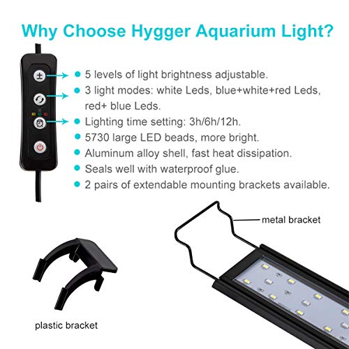 hygger 14W Full Spectrum Aquarium Light with Aluminum Alloy Shell Extendable Brackets, White Blue Red LEDs, External Controller, for Freshwater Fish Tank (18-24 inch)