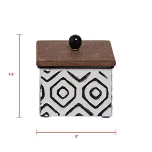 Foreside Home and Garden White Enamel Geometric Pattern Wood and Metal Jewelry Trinket Storage Box, 5x5x4.5, Canister