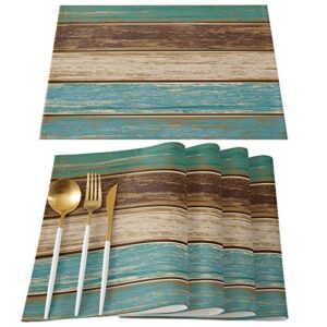 vandarllin placemats set of 6, retro rustic wood texture polyester stain resistant table mats washable placemat decoration for kitchen dining table teal green brown