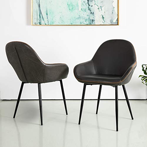 glitzhome Mid-Century Dining Chairs Set of 2 with Arm Leatherette Seat Metal Legs Living Room Bedroom Kitchen Modern Furniture, Grey