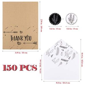 150 Pack Thank You Cards with Envelopes and Stickers, Brown Craft Black Chalkboards Thank You Cards Multipack for Business Wedding Bridal Shower Baby Shower