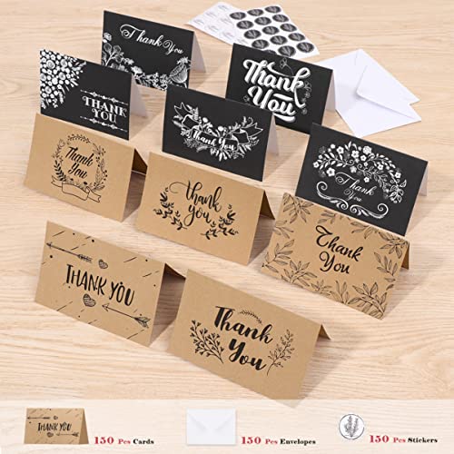 150 Pack Thank You Cards with Envelopes and Stickers, Brown Craft Black Chalkboards Thank You Cards Multipack for Business Wedding Bridal Shower Baby Shower