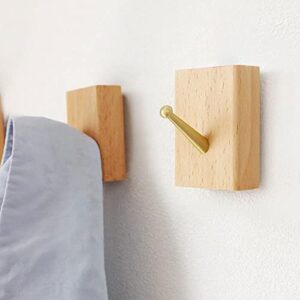 HomeDo Wood Wall Hooks Hat Rack, Wooden Coat Hooks Wall Mounted, Decorative Hooks Single Organizer Hat Hanger Towel Rack, Heavy Duty Hooks (Brass-Beech-4Pack)