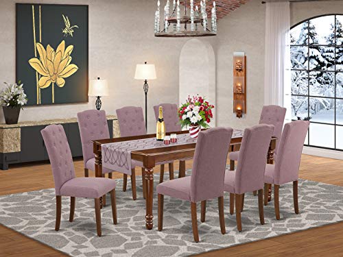 East West Furniture DOCE9-MAH-10 9Pc Dining Set Includes a Rectangle Dinette Table with Butterfly Leaf and Eight Parson Chairs with Dahlia Fabric, Mahogany Finish