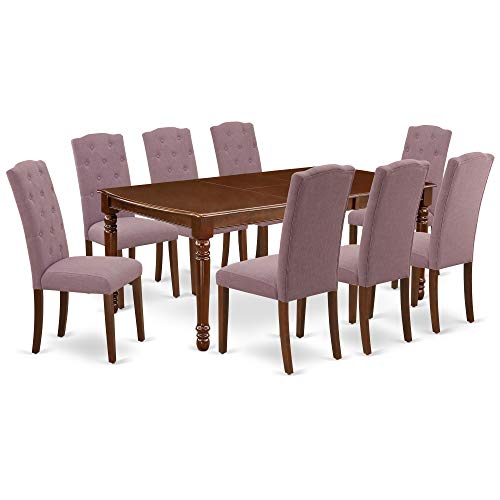 East West Furniture DOCE9-MAH-10 9Pc Dining Set Includes a Rectangle Dinette Table with Butterfly Leaf and Eight Parson Chairs with Dahlia Fabric, Mahogany Finish