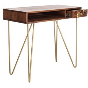 Safavieh Home Office Raveena Modern Natural Acacia and Brass 1-drawer Hairpin Leg Desk