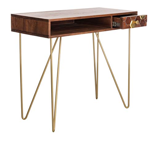 Safavieh Home Office Raveena Modern Natural Acacia and Brass 1-drawer Hairpin Leg Desk