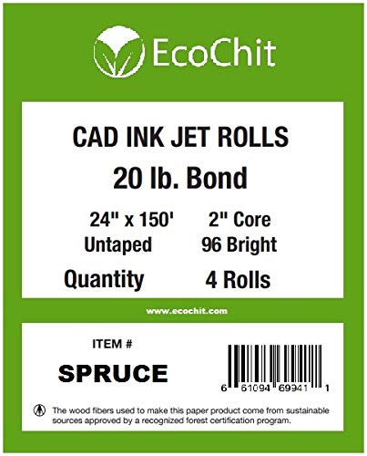 EcoChit 24" x 150' Plotter Paper Rolls 92 Bright 20lb 2" Core, 4 rolls - Every Case Plants Two Trees