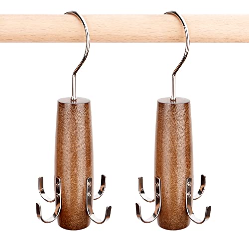 HangerSpace Walnut Wooden Belt Hanger 2 Pack, Smooth Finish Solid Wood Belt Organizer with 360° Swivel Hook, Space Saving Belt Holder for Scarves, Belts, Ties