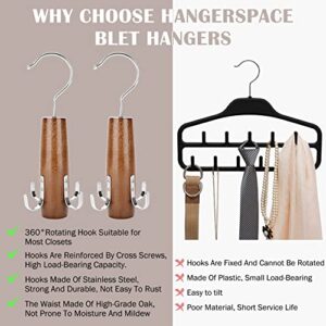 HangerSpace Walnut Wooden Belt Hanger 2 Pack, Smooth Finish Solid Wood Belt Organizer with 360° Swivel Hook, Space Saving Belt Holder for Scarves, Belts, Ties