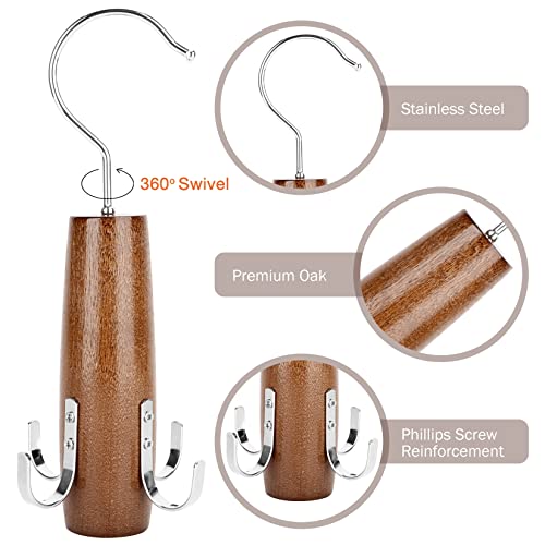 HangerSpace Walnut Wooden Belt Hanger 2 Pack, Smooth Finish Solid Wood Belt Organizer with 360° Swivel Hook, Space Saving Belt Holder for Scarves, Belts, Ties