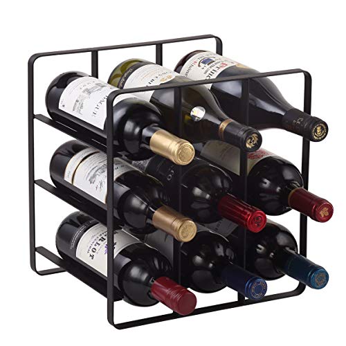 Buruis 9 Bottles Metal Wine Rack, Free-Standing Cabinet Water Bottle and Wine Rack Storage Organizer for Kitchen Countertop, Pantry, Fridge, Space Saver Protector for Red and White Wines Bottle