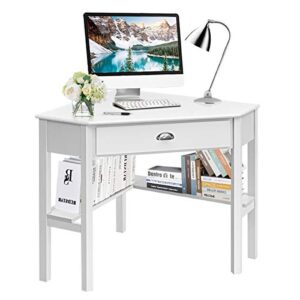 tangkula white corner desk, corner computer desk with drawer for small space, small corner makeup vanity desk, 90 degrees triangle corner desk with storage shelves