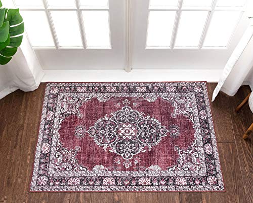 Well Woven Mareva Machine Washable Burgundy Red Vintage Oriental Medallion Area Rug 2x4 (2'6" x 3'9")