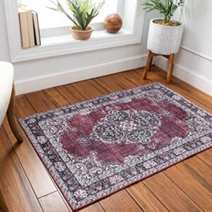 Well Woven Mareva Machine Washable Burgundy Red Vintage Oriental Medallion Area Rug 2x4 (2'6" x 3'9")