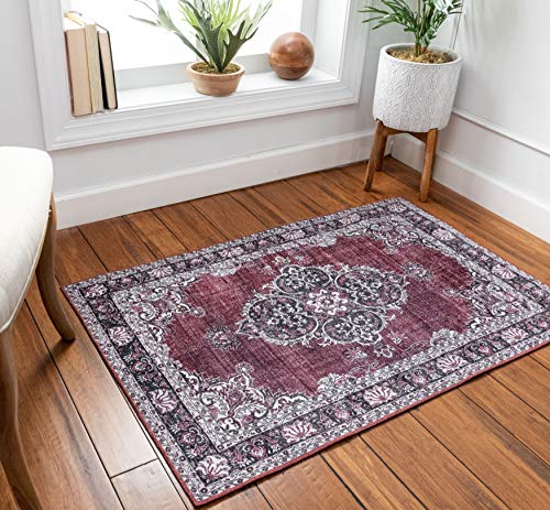 Well Woven Mareva Machine Washable Burgundy Red Vintage Oriental Medallion Area Rug 2x4 (2'6" x 3'9")