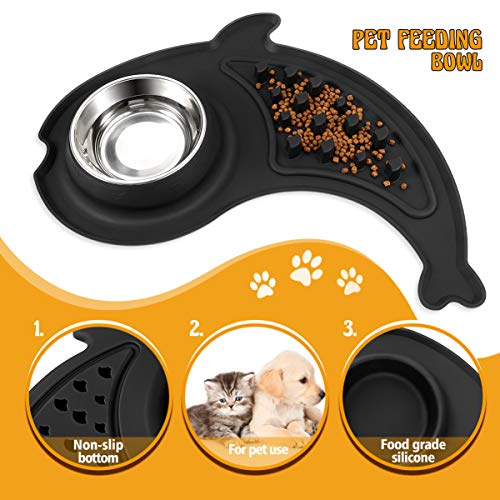 POPETPOP Slow Feeder Dog Bowl - Stainless Steel Pet Bowl with No-Slip Silicone Mat, Slow Feeding and Pet Water Bowl Set for Dogs Cats and Pets