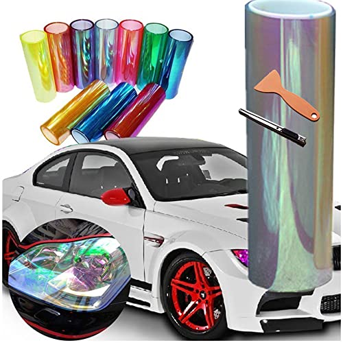 DIYAH 12 X 48 inches Self Adhesive Shiny Chameleon Headlights Tail Lights Fog Lights Films,Film Sheet Sticker,Tint Vinyl Film with Knife and Hand Tool (Clear)