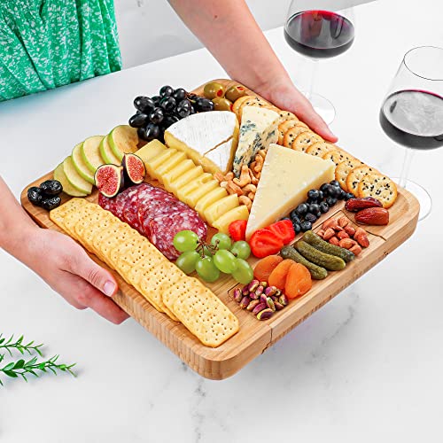 Zulay Kitchen Premium Bamboo Cheese Board Set - Extra Thick Bamboo Charcuterie Board Set with 4 Piece Knife Set - Wooden Cheese Board is Perfect for Charcuterie, Wine and Cheese (Party Set)