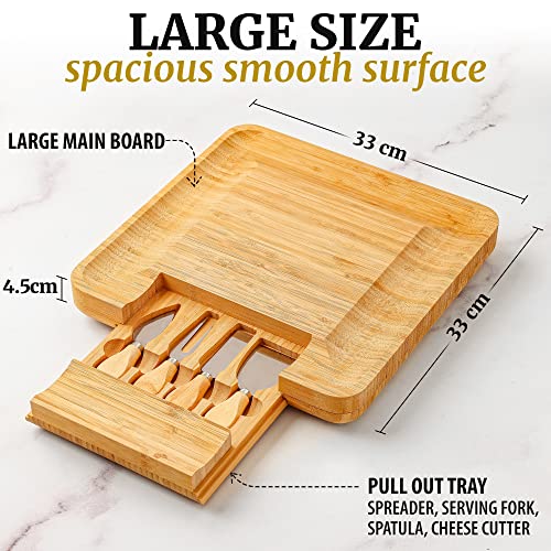 Zulay Kitchen Premium Bamboo Cheese Board Set - Extra Thick Bamboo Charcuterie Board Set with 4 Piece Knife Set - Wooden Cheese Board is Perfect for Charcuterie, Wine and Cheese (Party Set)