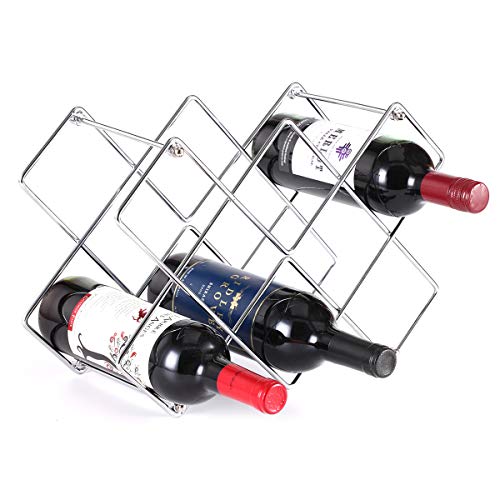 Buruis Countertop Wine Rack - 10 Bottle Wine Holder for Red White Wine Storage - Freestanding Metal Wine Rack - Small Tabletop Wine Rack - Modern Wine Bottle Holder - Silver