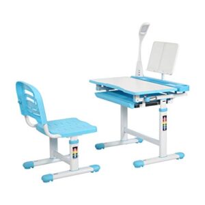 diroan kids functional desk and chair set, height adjustable children school study desk with tilt desktop, book stand, led light, metal hook and storage drawer for boys girls blue