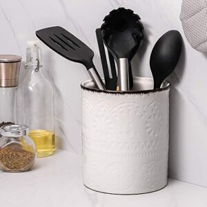 DOWAN Kitchen Utensil Holder, 7.2”Extra Large Farmhouse Utensil Holders for Countertop, White Ceramic Utensil Crock, Anti Slip & Scratch Cork Bottom, Utensil Holder for Kitchen Counter