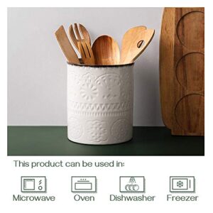 DOWAN Kitchen Utensil Holder, 7.2”Extra Large Farmhouse Utensil Holders for Countertop, White Ceramic Utensil Crock, Anti Slip & Scratch Cork Bottom, Utensil Holder for Kitchen Counter