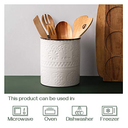 DOWAN Kitchen Utensil Holder, 7.2”Extra Large Farmhouse Utensil Holders for Countertop, White Ceramic Utensil Crock, Anti Slip & Scratch Cork Bottom, Utensil Holder for Kitchen Counter