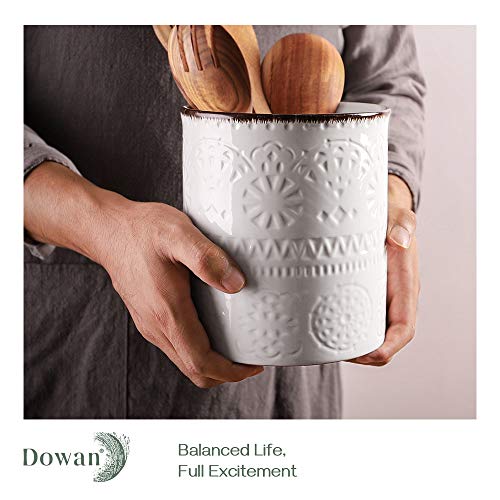 DOWAN Kitchen Utensil Holder, 7.2”Extra Large Farmhouse Utensil Holders for Countertop, White Ceramic Utensil Crock, Anti Slip & Scratch Cork Bottom, Utensil Holder for Kitchen Counter