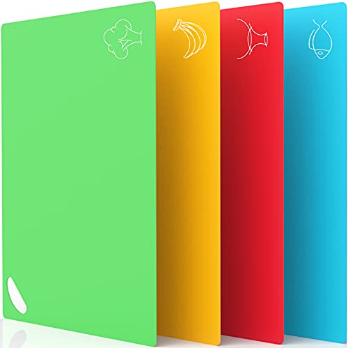 Extra-Thick Plastic Cutting Boards for Kitchen Dishwasher Safe Non-SIip, Flexible Cutting Mats for Cooking, No-Porous, BPA-Free, Food Icons & EZ-Grip Handle (Colorful Set of 4)