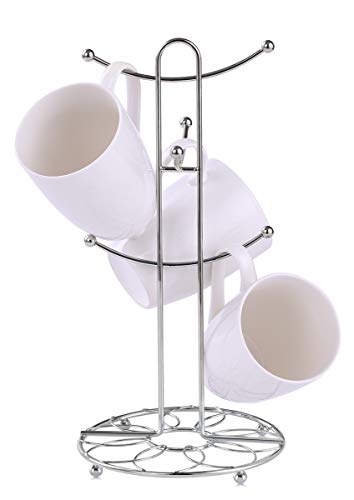 Buruis Mug Rack Tree, Decorative Flower Pattern Base Metal Mug Holder, Kitchen Coffee Mug Tree Countertop Tea Cups Holder Stand, Coffee Cup Dryer with 6 Hooks (Silver)