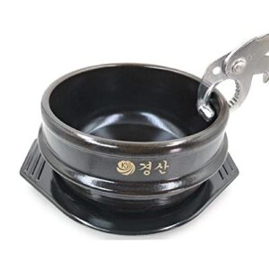 Jovely Korean Cooking Premium Ceramic Stone Bowl(Dolsot or Ddukbaegi) Diameter 6.3'' High 2.95'' Sizzling Hot Pot for Korean food such as Bibimbap and Soup (with Tray and Special Bowl Tongs Set)