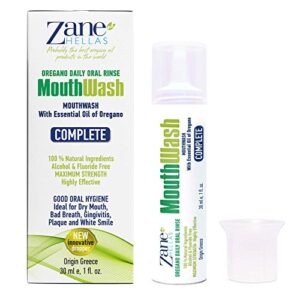 zane hellas mouthwash. oral rinse with oregano oil power. ideal for gingivitis, plaque, dry mouth, and bad breath. alcohol and fluoride free. 100% herbal solution. 1 fl.oz.-30ml.