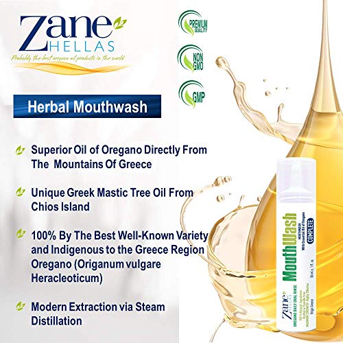 Zane Hellas MouthWash. Oral Rinse with Oregano Oil Power. Ideal for Gingivitis, Plaque, Dry Mouth, and Bad Breath. Alcohol and Fluoride Free. 100% Herbal Solution. 1 fl.oz.-30ml.