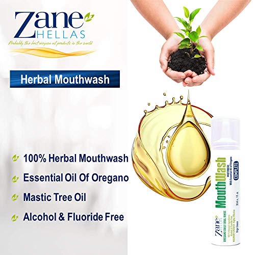 Zane Hellas MouthWash. Oral Rinse with Oregano Oil Power. Ideal for Gingivitis, Plaque, Dry Mouth, and Bad Breath. Alcohol and Fluoride Free. 100% Herbal Solution. 1 fl.oz.-30ml.