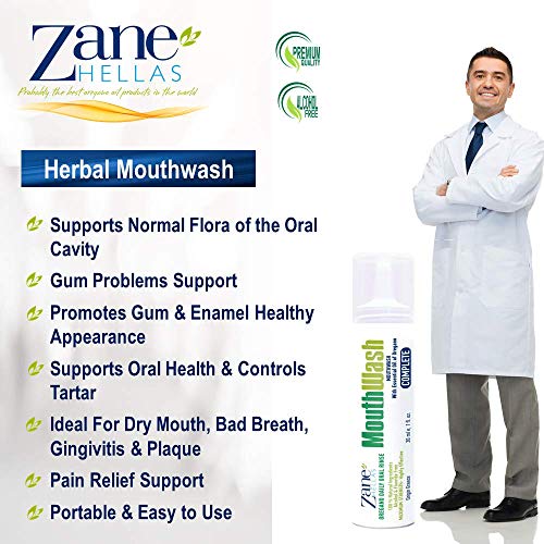 Zane Hellas MouthWash. Oral Rinse with Oregano Oil Power. Ideal for Gingivitis, Plaque, Dry Mouth, and Bad Breath. Alcohol and Fluoride Free. 100% Herbal Solution. 1 fl.oz.-30ml.