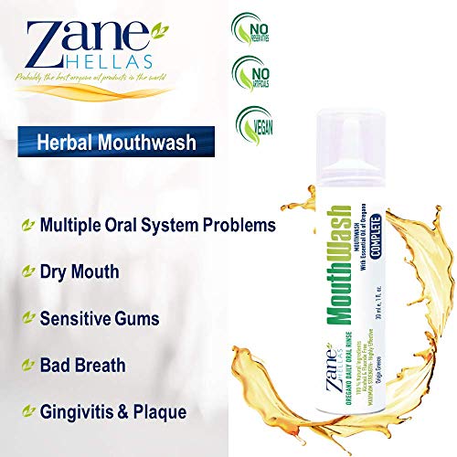 Zane Hellas MouthWash. Oral Rinse with Oregano Oil Power. Ideal for Gingivitis, Plaque, Dry Mouth, and Bad Breath. Alcohol and Fluoride Free. 100% Herbal Solution. 1 fl.oz.-30ml.