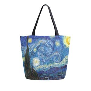 zzkko van gogh canvas tote grocery bag shoulder casual book bag large for women teachers, starry night cotton bag shopping purse handbag reusable multipurpose use