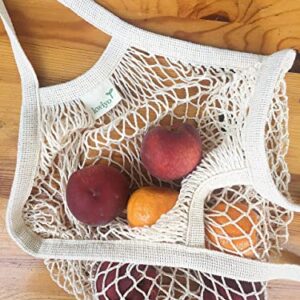 Reusable Grocery Net Bags, Cotton Mesh Tote, Farmer's Market Bags for Fruits and Vegetables, String Shopping Organizer, Storage Bag with Long Handles, 2 Packs (Beige, Gray)