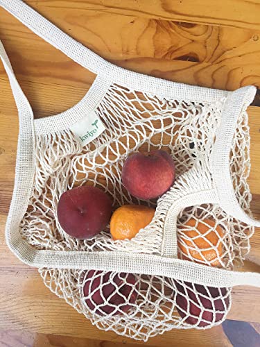 Reusable Grocery Net Bags, Cotton Mesh Tote, Farmer's Market Bags for Fruits and Vegetables, String Shopping Organizer, Storage Bag with Long Handles, 2 Packs (Beige, Gray)