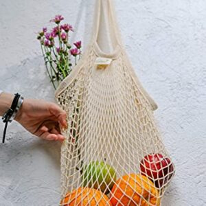 Reusable Grocery Net Bags, Cotton Mesh Tote, Farmer's Market Bags for Fruits and Vegetables, String Shopping Organizer, Storage Bag with Long Handles, 2 Packs (Beige, Gray)