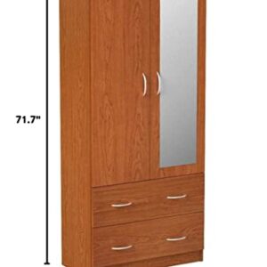 Hodedah Two Door Wardrobe with Two Drawers and Hanging Rod plus Mirror, Cherry