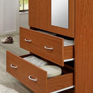 Hodedah Two Door Wardrobe with Two Drawers and Hanging Rod plus Mirror, Cherry