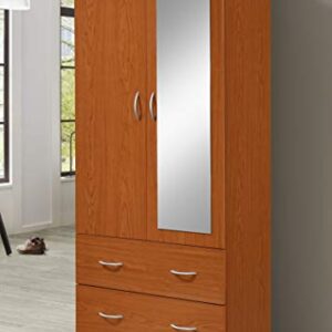 Hodedah Two Door Wardrobe with Two Drawers and Hanging Rod plus Mirror, Cherry